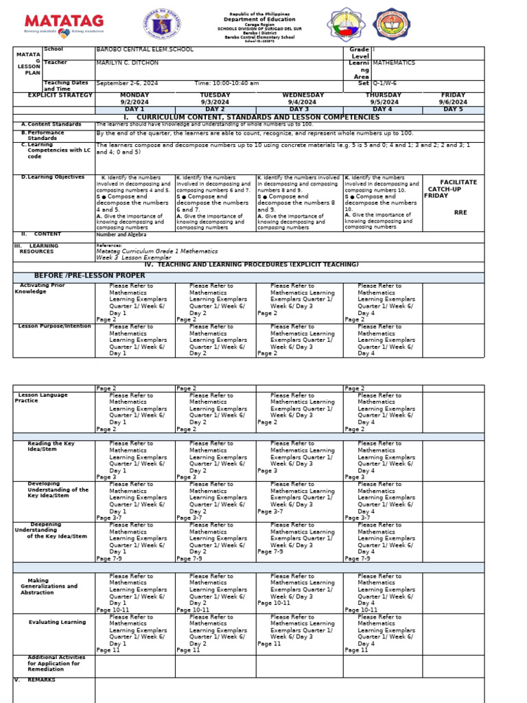 Matatag DLL Math - q1 Week 6 | PDF