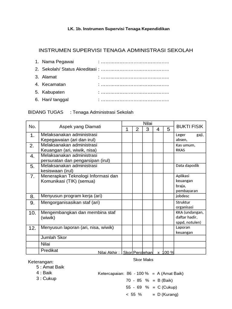 Instrumen Supervisi Tenaga Kependidikan | PDF