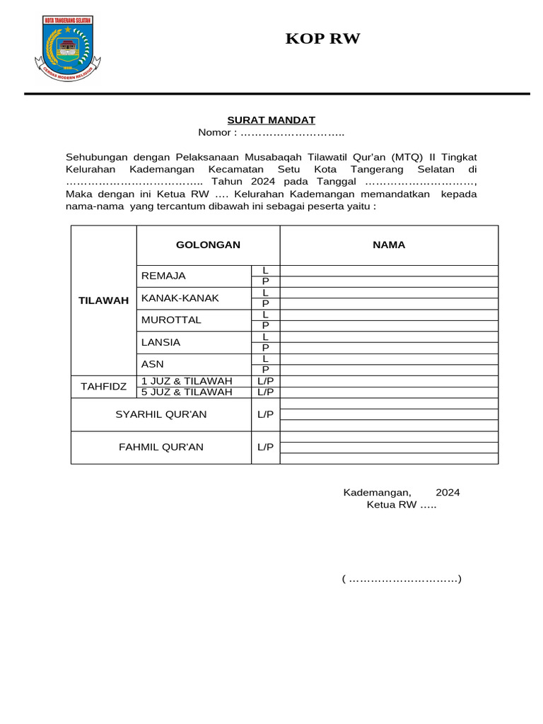 Surat Mandat Peserta MTQ Tingkat Kelurahan Kademangan | PDF