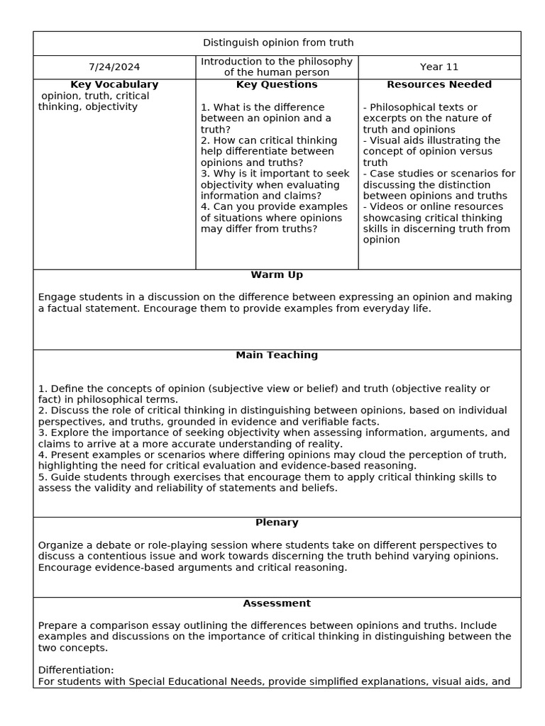 Year 11's Distinguish Opinion From Truth Lesson Plan | PDF