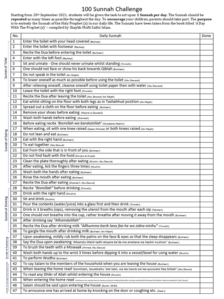 100 Sunnah Activity Sep 2021 | PDF | Abrahamic Religions | Semitic ...
