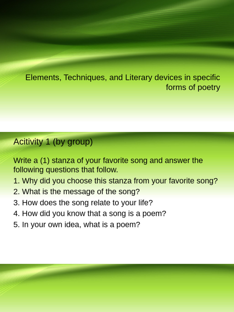Elements Techniques and Literary Devices in Specific Forms of Poetry | PDF