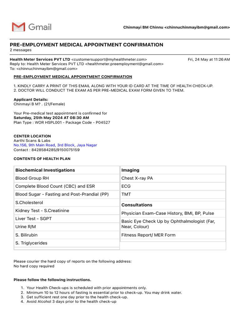 Pre-Employment Medical Appointment Confirmation | PDF