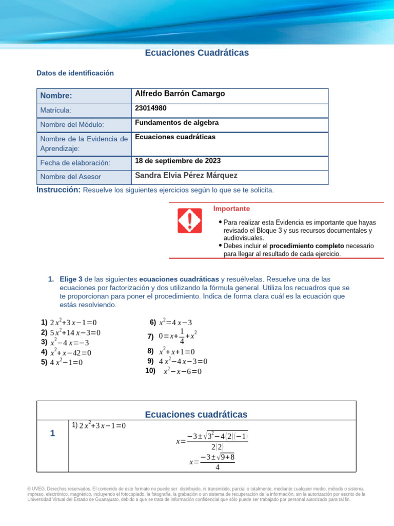 Barron - Alfredo - B3 - EA3 - Ecuaciones Cuadrática | PDF