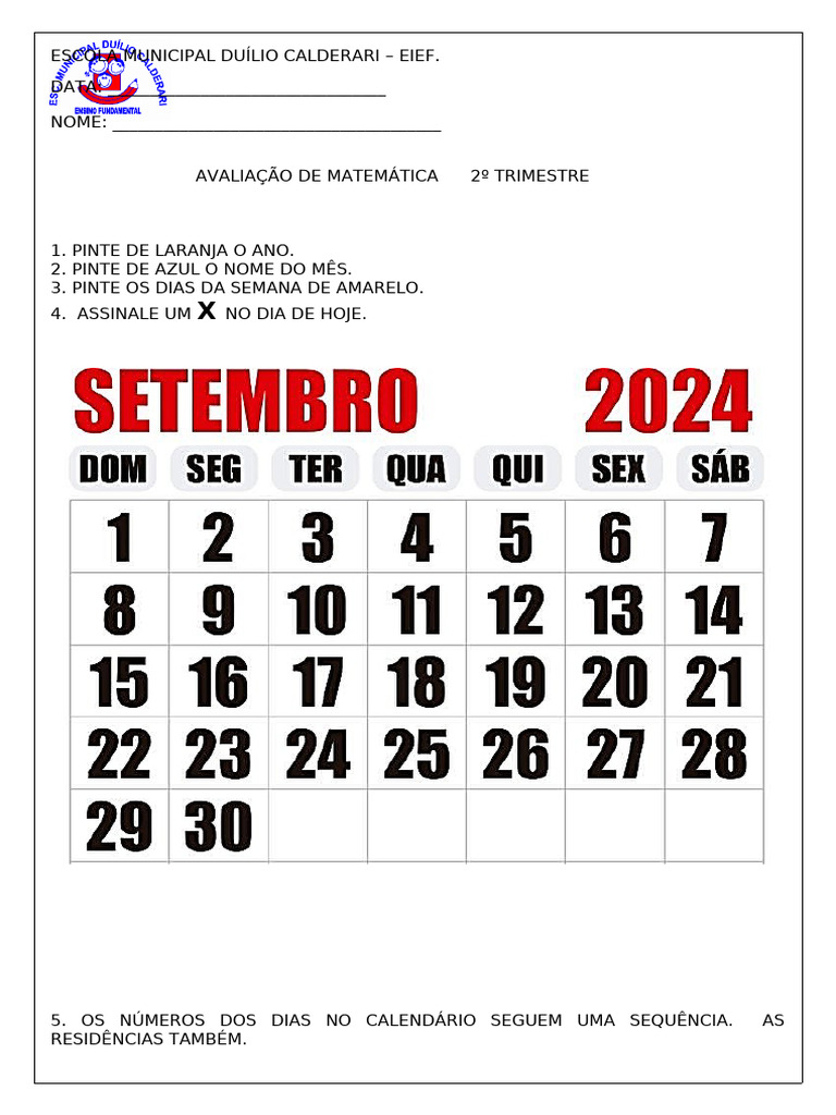 Avaliação 1º Ano Matemática 2º Trimestre 2024 Pdf