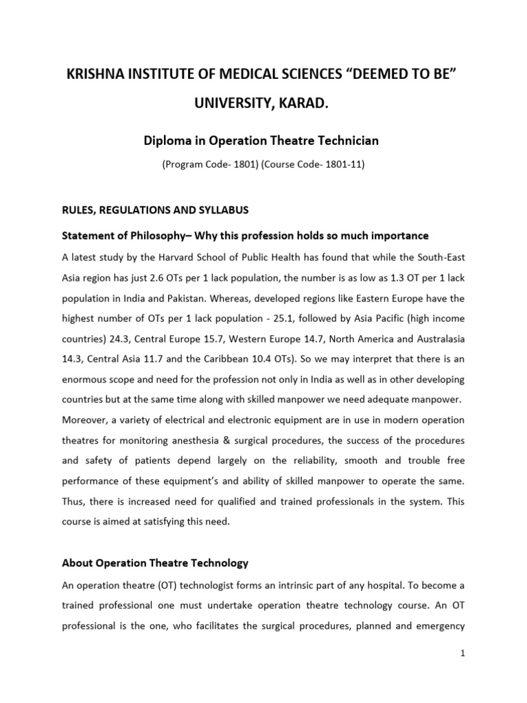 Syllabus Diploma in Opration Theatre Technician | PDF