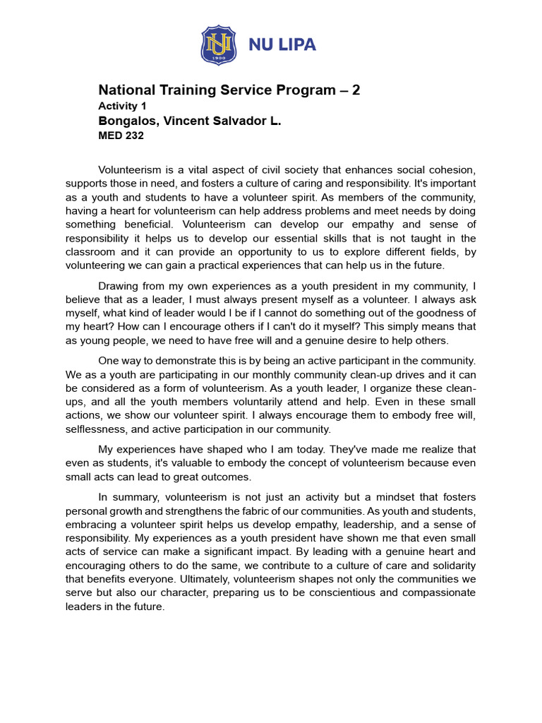 Bongalos - NSTP 2 (Activity 1) | PDF | Volunteering | Self-Improvement