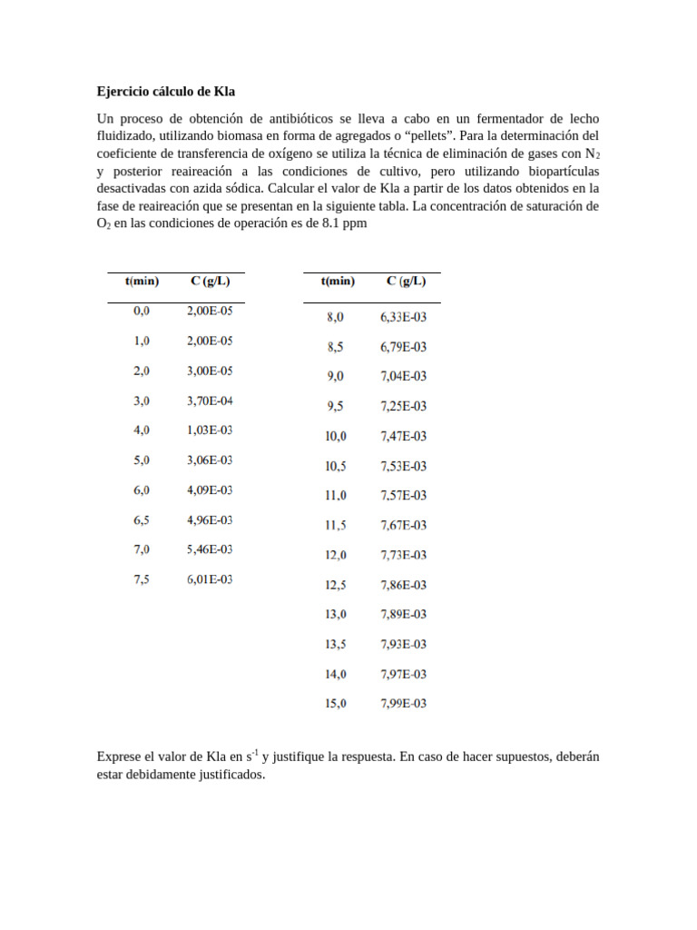 Ejercicio cálculo de Kla | PDF