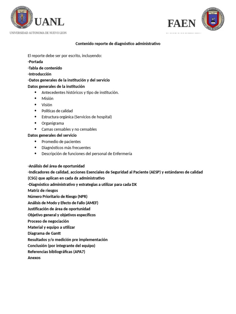 Contenido Reporte de Diagnóstico Administrativo | PDF