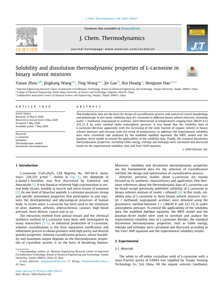 Thermodynamic Properties of L-carnosine in binary solvent mixtures | PDF