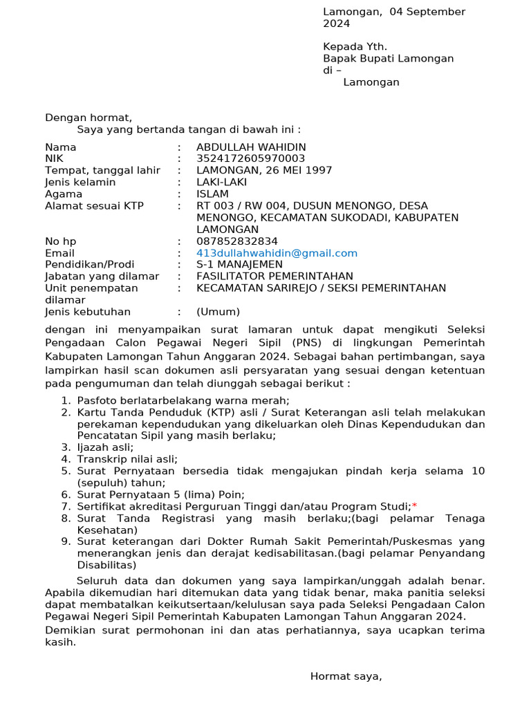 Contoh Surat Lamaran, Surat Bersedia Tidak Pindah 10 TH, Surat ...