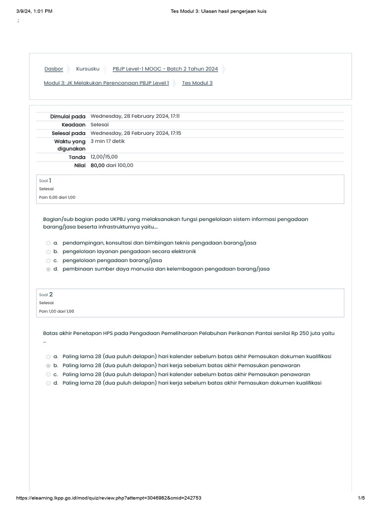 Tes Modul 3_ Ulasan hasil pengerjaan kuis | PDF