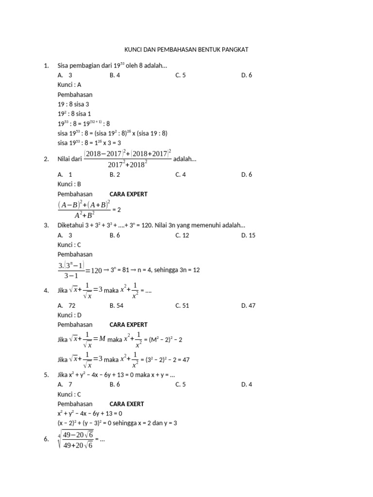 Kunci & Pembahasan Bentuk Pangkat | PDF