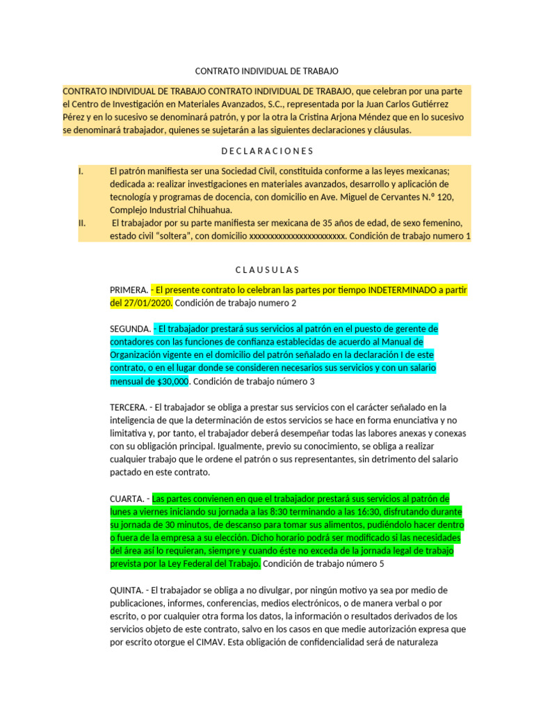 Contrato Individual de Trabajo Contrato Individual de Trabajo | PDF
