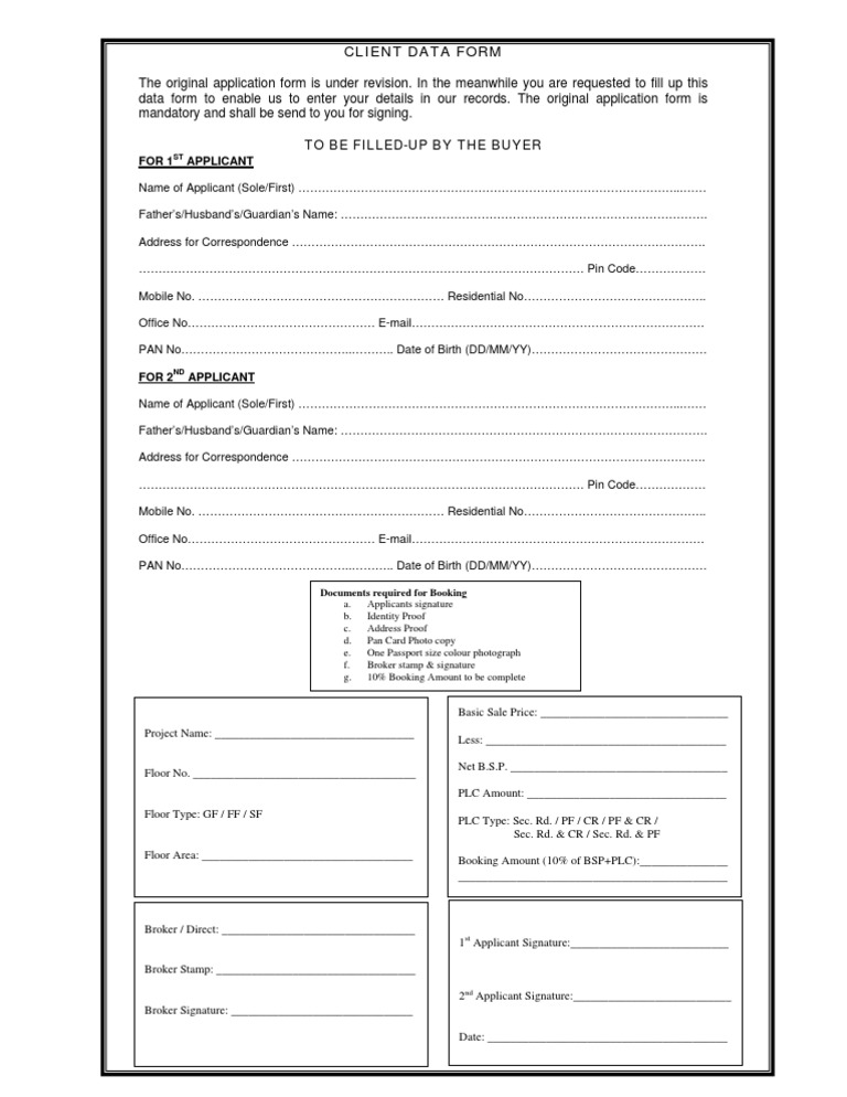 Client Data Form for Property Booking | PDF