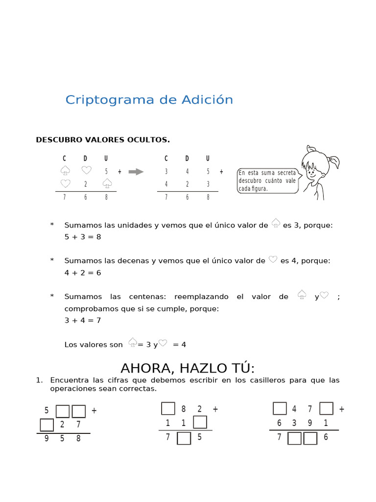 Criptograma de Adición para Cuarto de Primaria | PDF