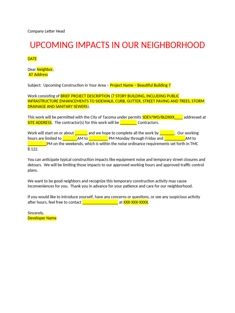 Neighborhood Notification Letter Template | PDF