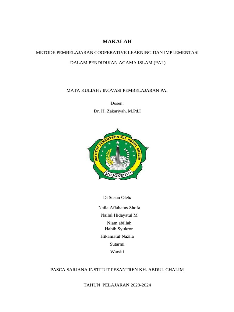 Makalah Metode Cooperative Learning Dann Implementasi Pai | PDF