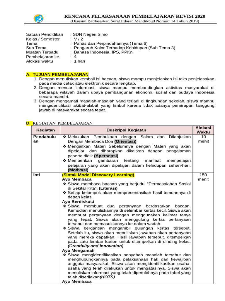 Rencana Pelaksanaan Pembelajaran Revisi 2020: (Disusun Berdasarkan ...