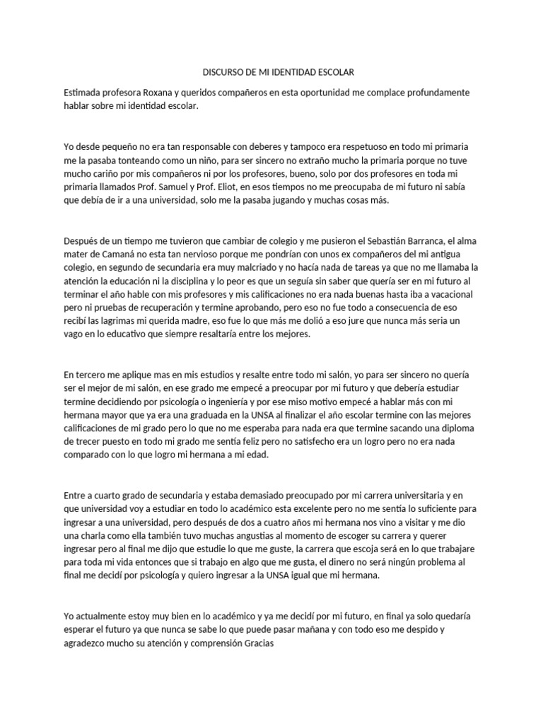 Discurso de Mi Identidad Escolar | PDF