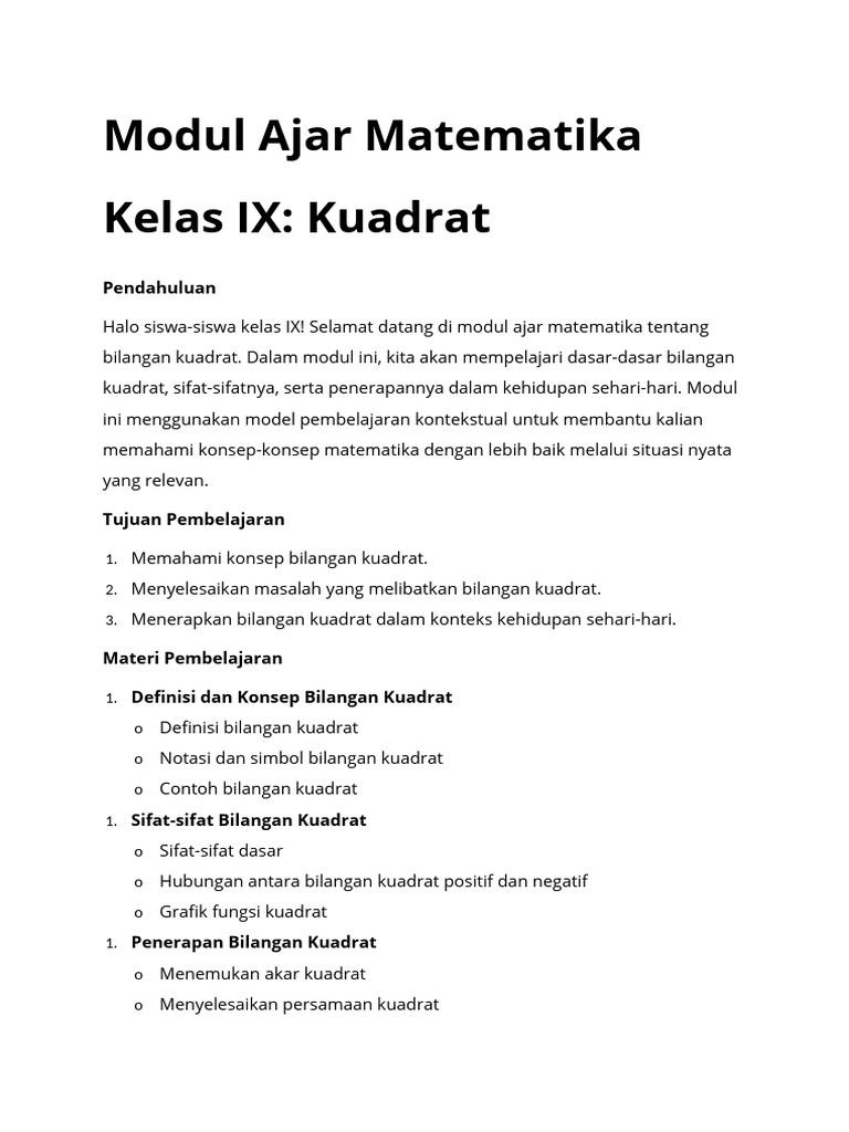 Modul Ajar Matematika Kelas IX Kuadrat | PDF