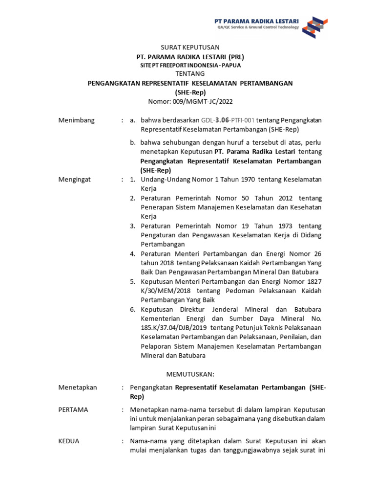 009-2022 SK Pengangkatan Representatif Keselamatan Pertambangan (SHE-Rep) PT. PRL | PDF