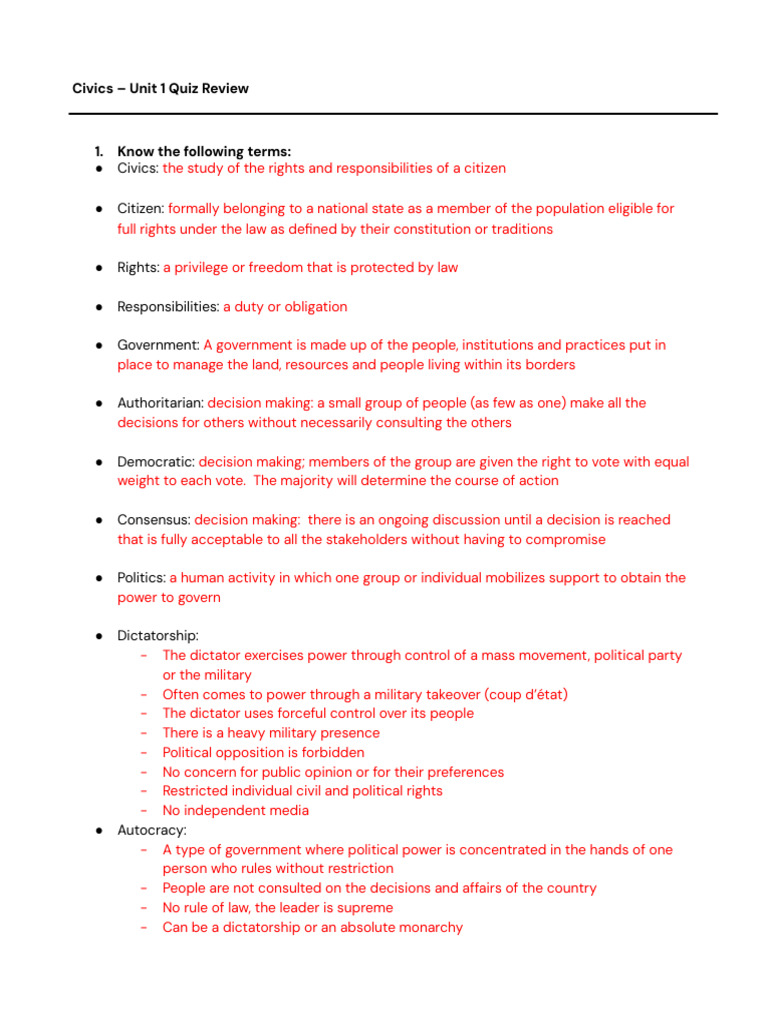 Civics Unit 1 Quiz Review Guide | PDF | Dictatorship | Politics