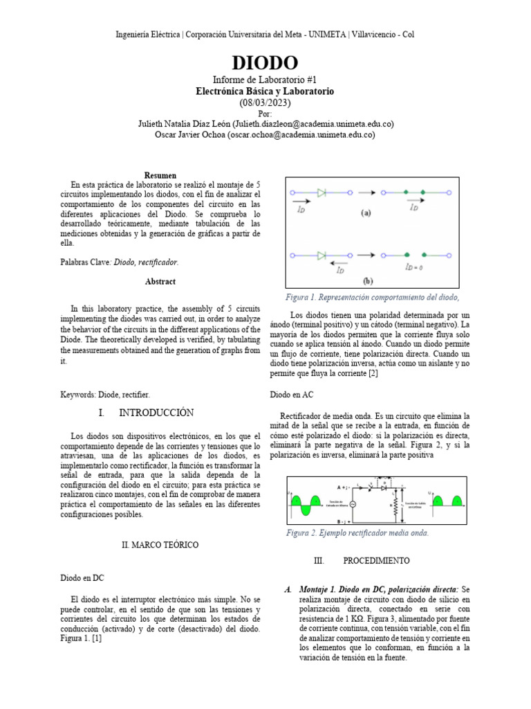 INFORME 1 Diodo, Principio de Funcionamiento | PDF | Rectificador | Diodo
