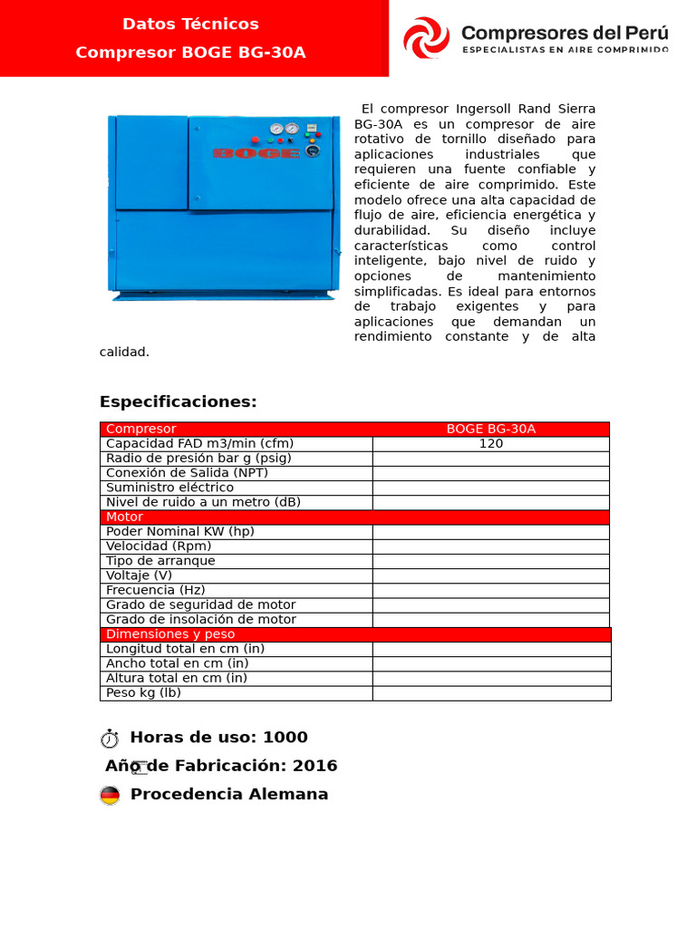 Compresor BOGE BG-30A: Especificaciones y Uso | PDF