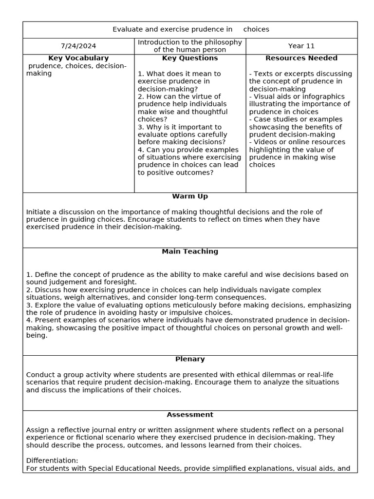 Year 11's Evaluate and Exercise Prudence in Choices Lesson Plan | PDF