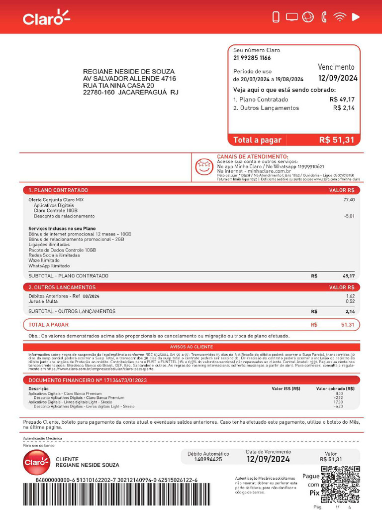 REGIANE FATURA CLARO | PDF