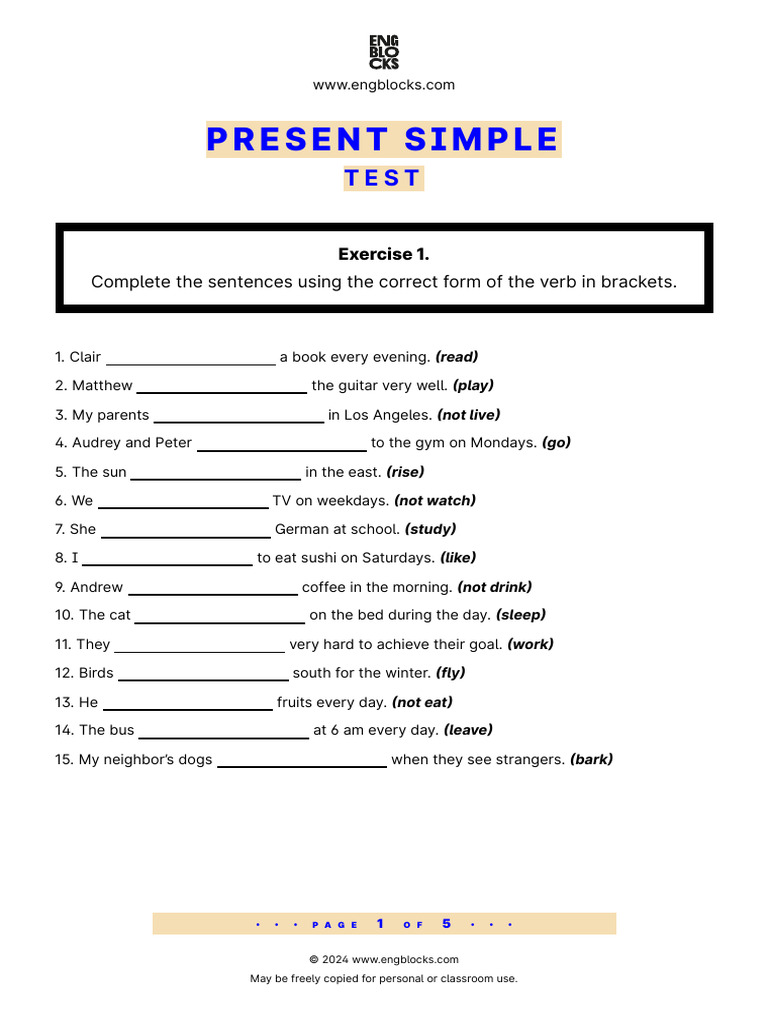 Present Simple Test Worksheet | PDF