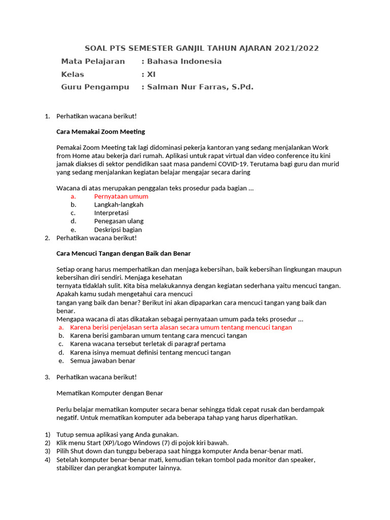 Soal PTS B. Indonesia Kelas Xi 2021 | PDF