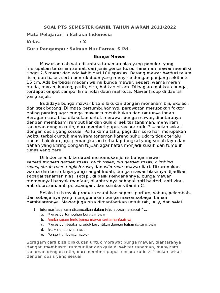 Soal PTS B. Indonesia Kelas X 2021 | PDF