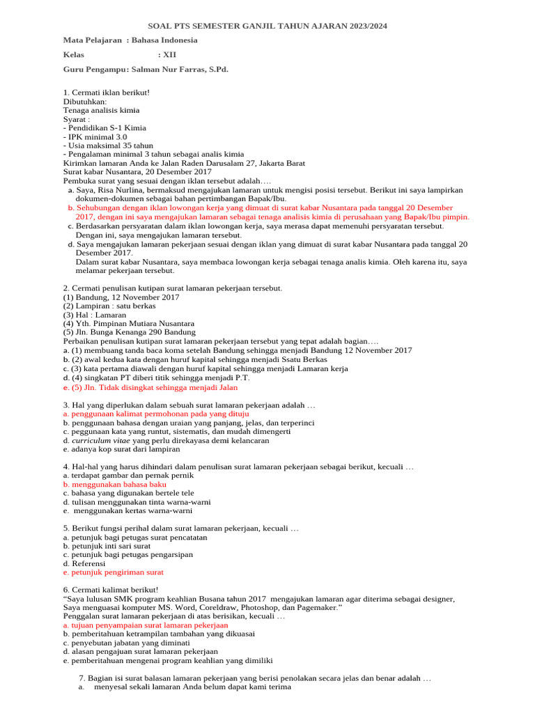 Soal PTS B. Indonesia Kelas Xii 2021 | PDF