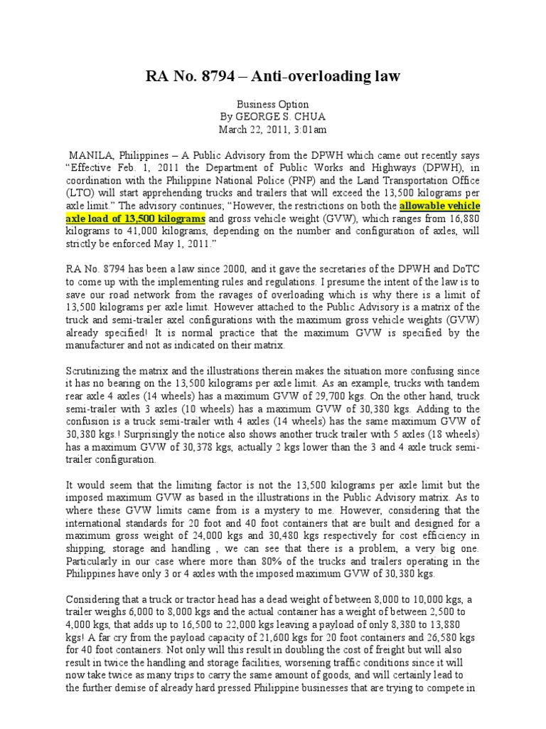 RA No 8794 | Cargo | Semi Trailer Truck