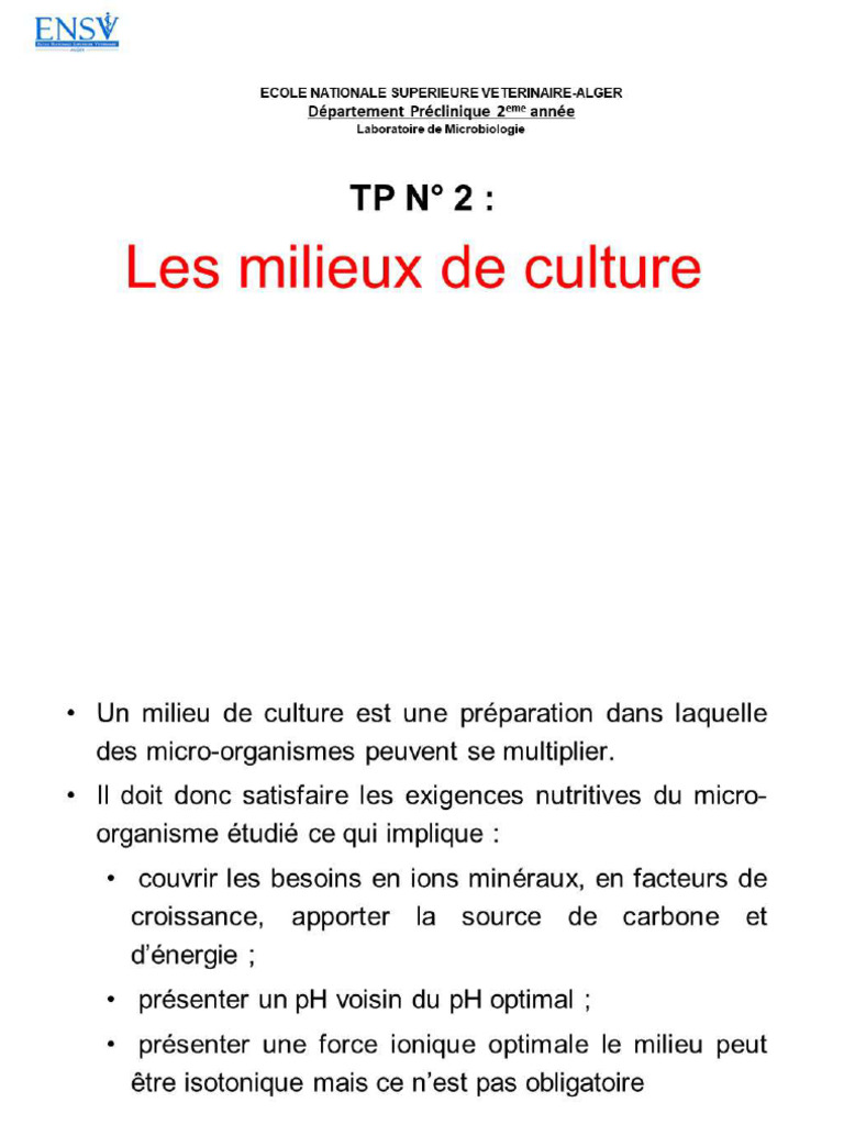 TP N02 Milieux de Culture 2emme Année Microbio | PDF