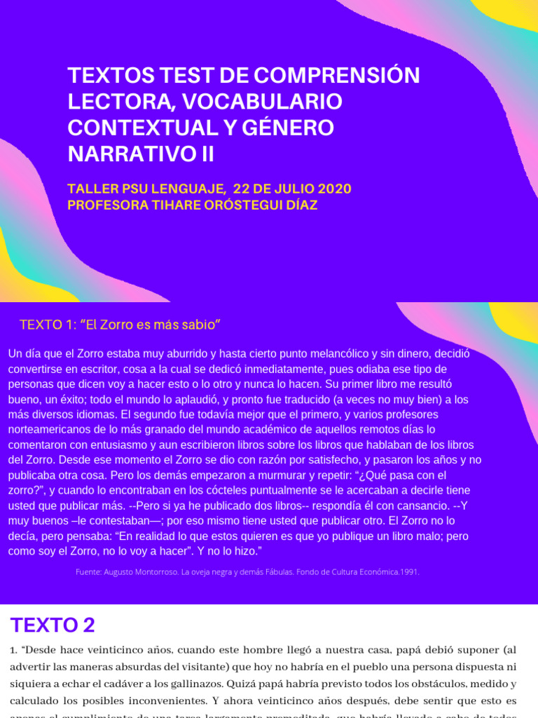 Textos 22 de Julio Test Comprensión Lectora, Vocabulario Contextual y ...