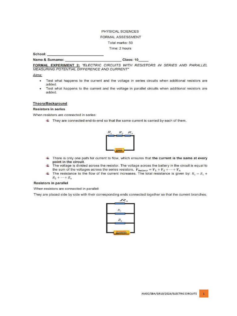 FORMAL ASSESSMENT GRADE 10- ELECTRIC CIRCUITS | PDF