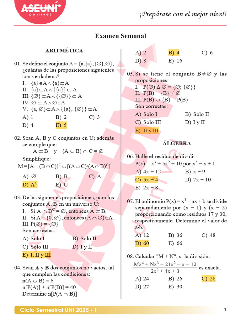 Examen Intro - Ciclo Semestral UNI 2025 - Claves | PDF