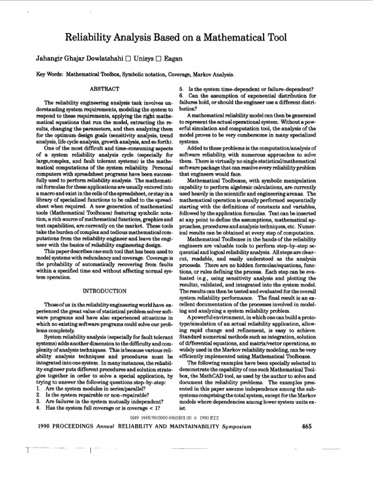 Reliability Analysis Based On A Mathematical Tool (Mathcad) | PDF