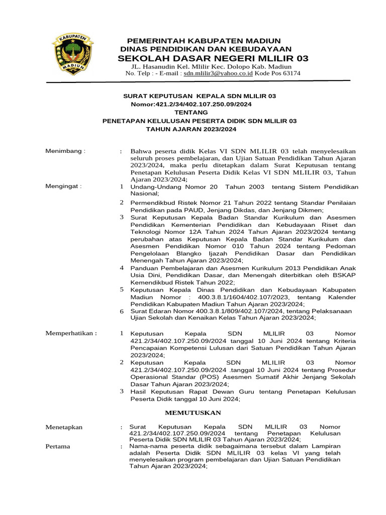 SK Penetapan Kelulusan 2024 | PDF