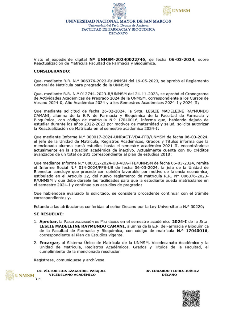 Resolución Decanal #000233-2024-D-Ffb-Unmsm | PDF