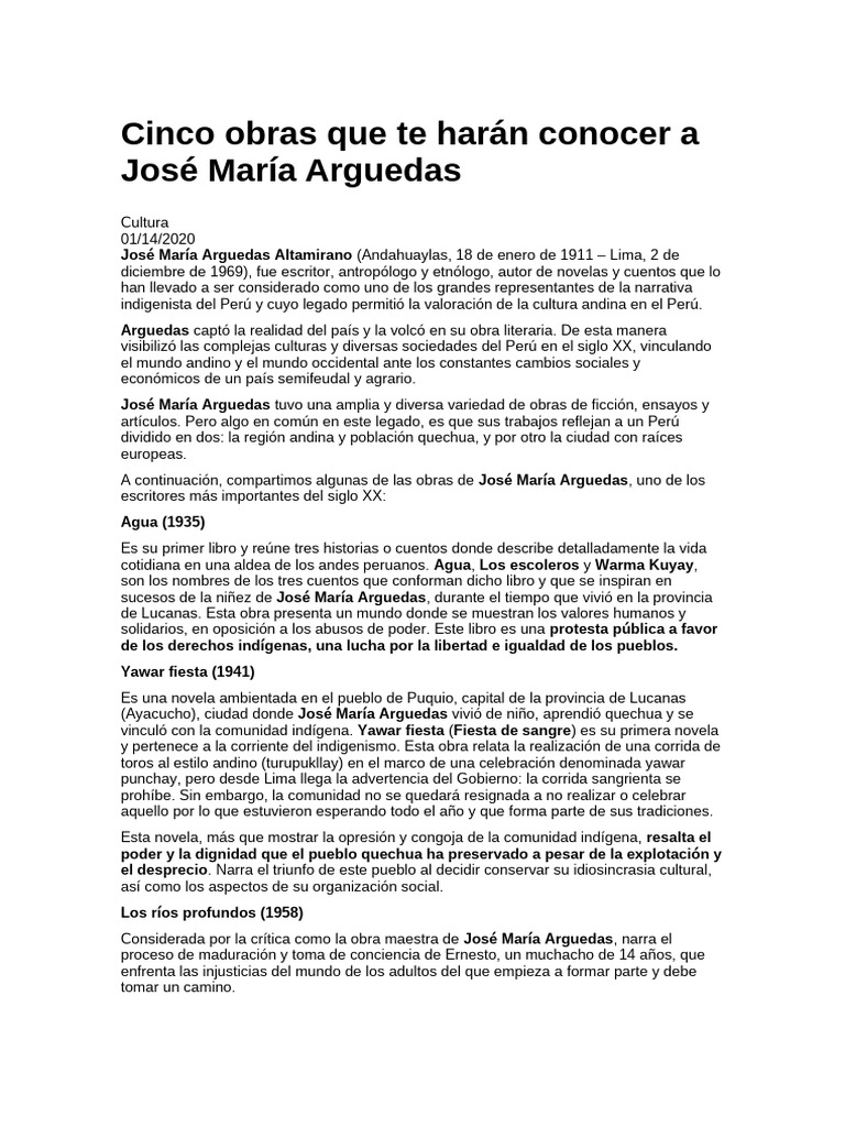 Cinco Obras Que Te Harán Conocer A José María Arguedas | PDF