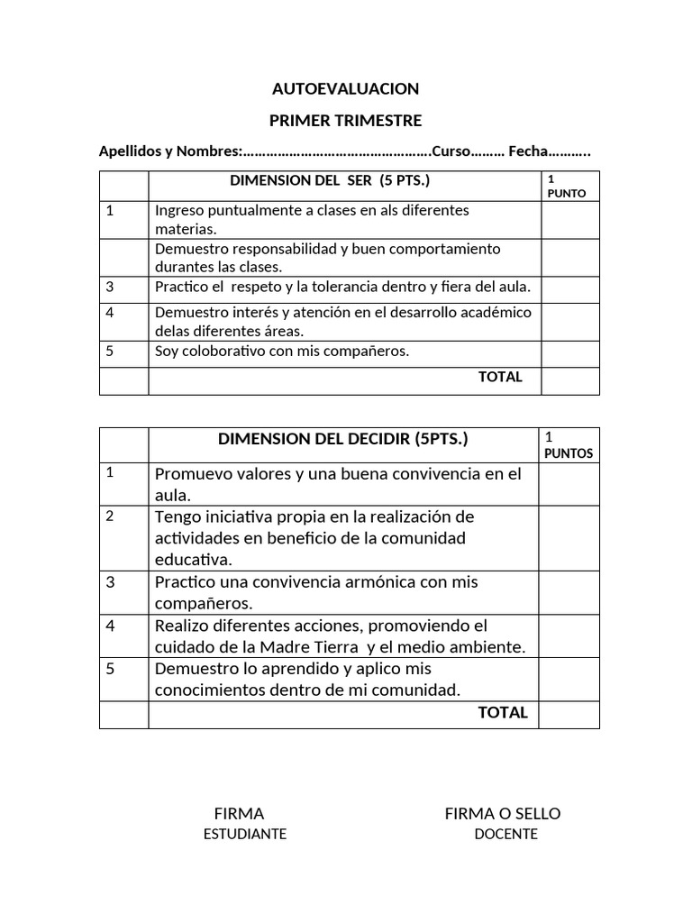 Autoevaluacion Jca Primer Trimestre | PDF
