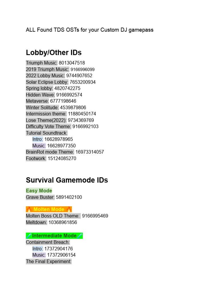 TDS OST Music IDs | PDF