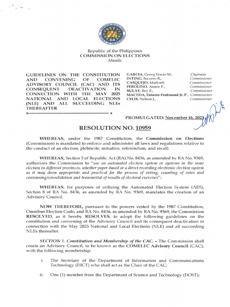 COMELEC RESOLUTION 2025 ELECTION Com - Res - 10959 | PDF