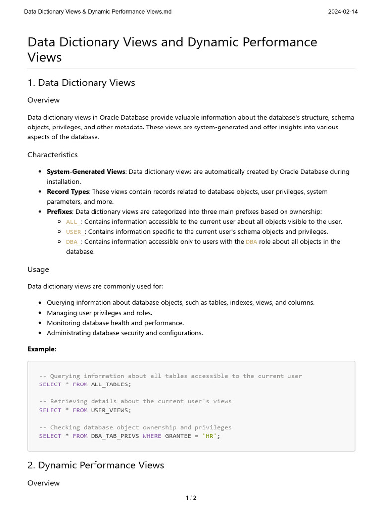 Data Dictionary Views & Dynamic Performance Views | PDF