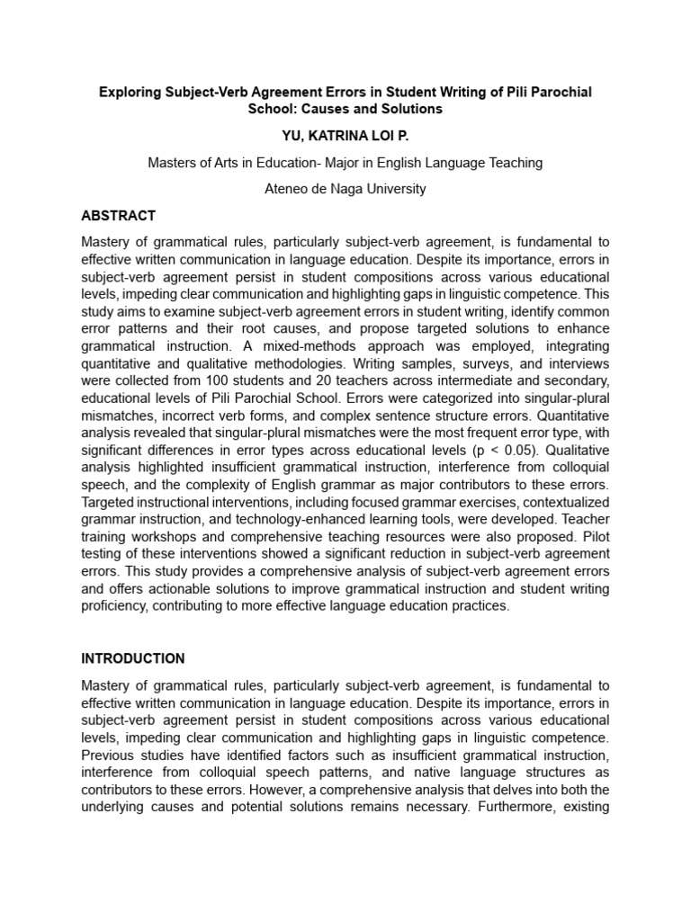 Subject-Verb Agreement Errors in Student Writing | PDF | Language ...