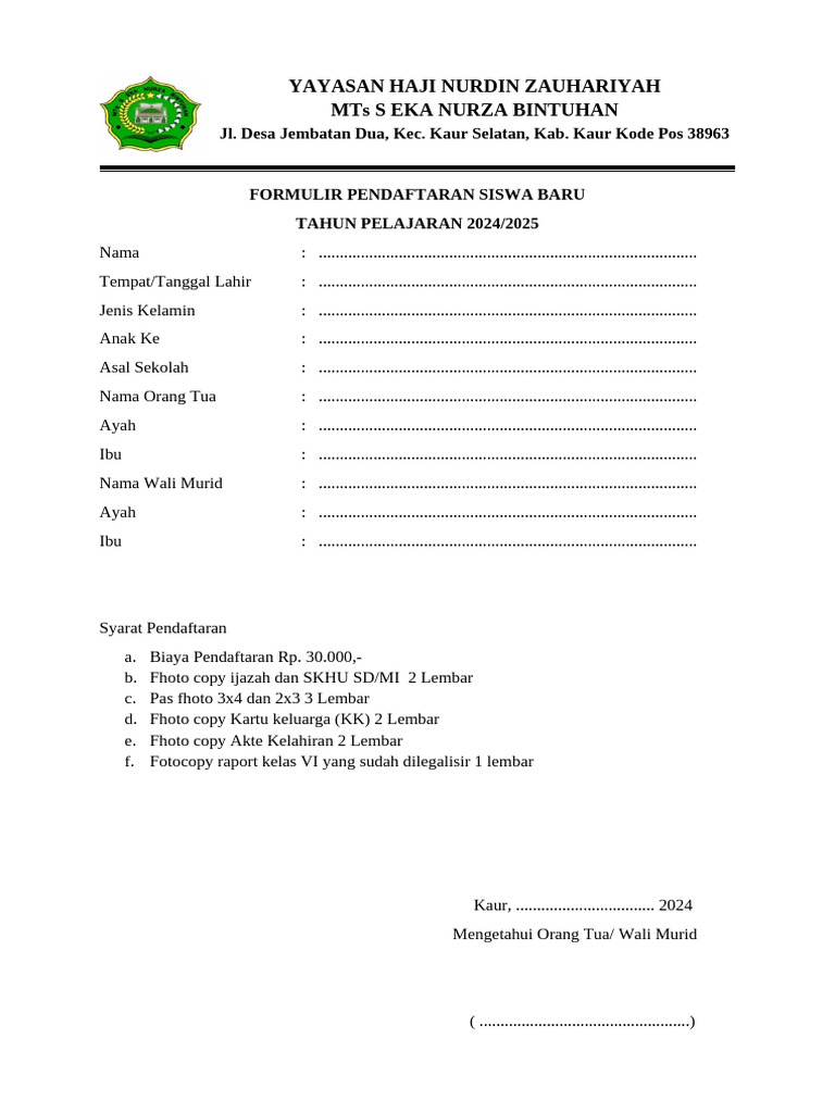 FORMULIR PENDAFTARAN SISWA BARU MTs EKA N | PDF